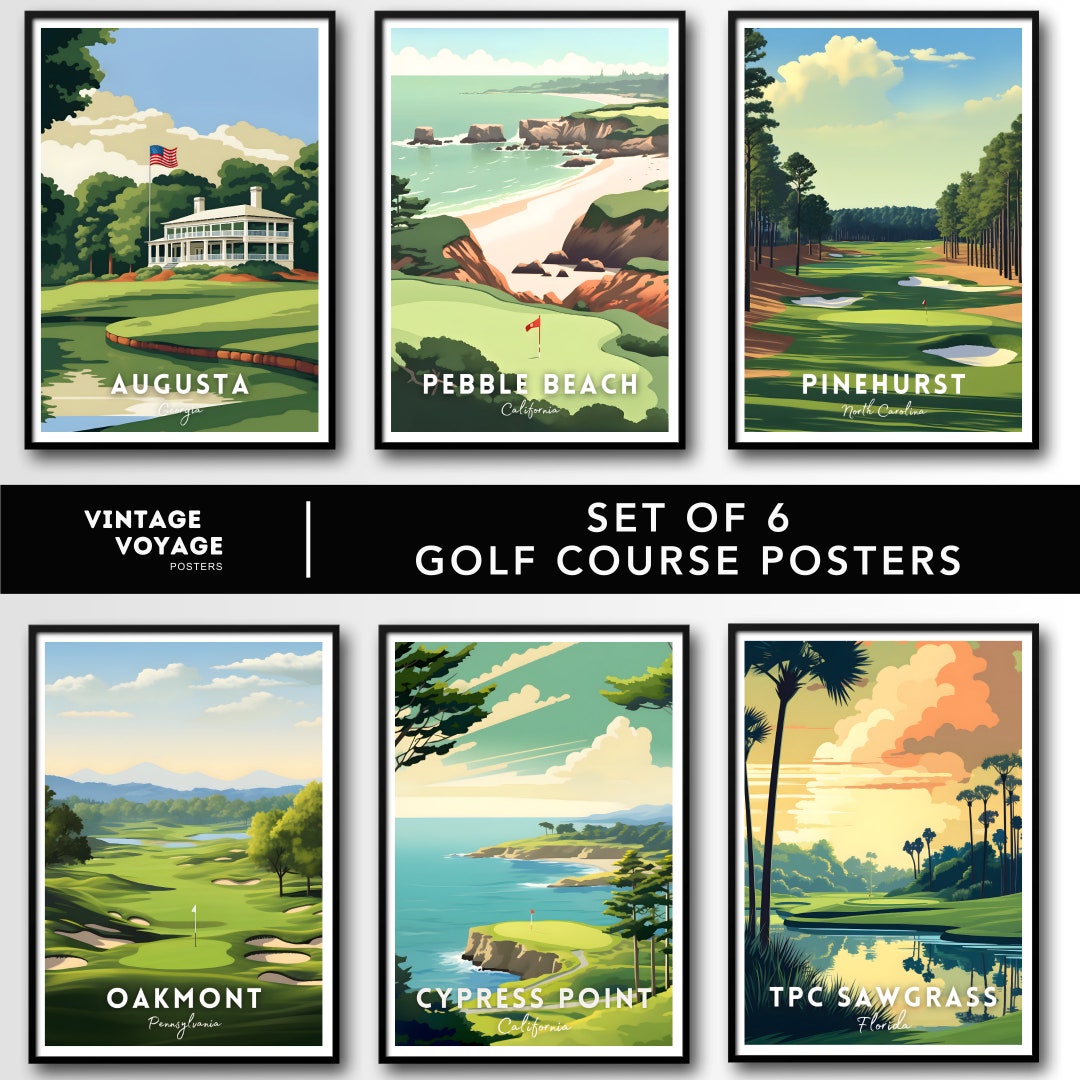 Golf Prints Set, Augusta, Pebble Beach, Pinehurst, Golf Course Posters ...