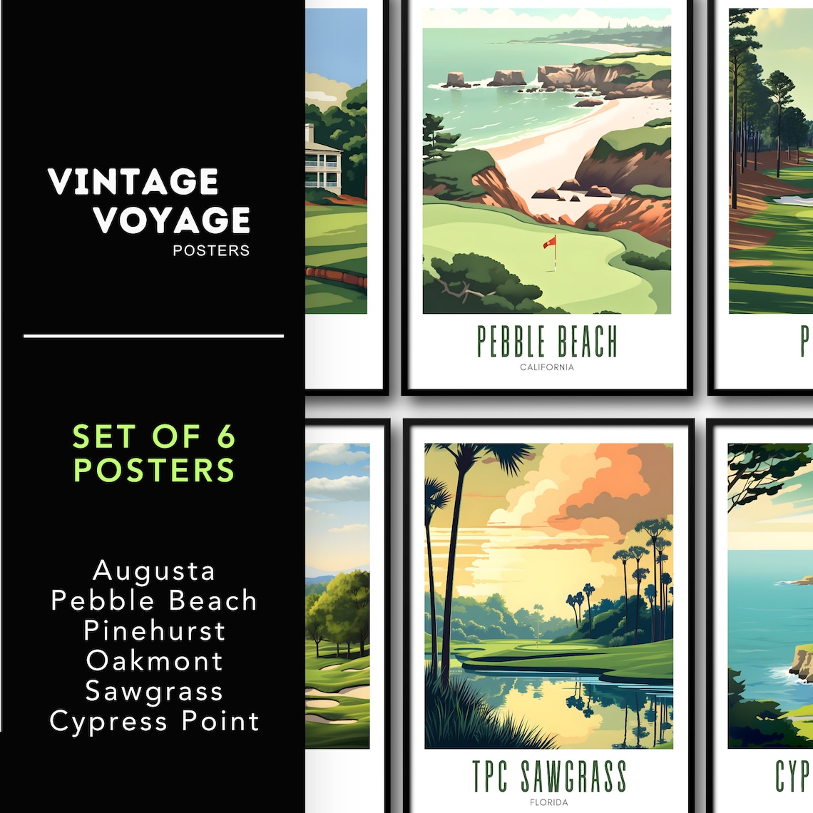 Golf Prints Set, Augusta, Pebble Beach, Pinehurst, Golf Course Posters ...
