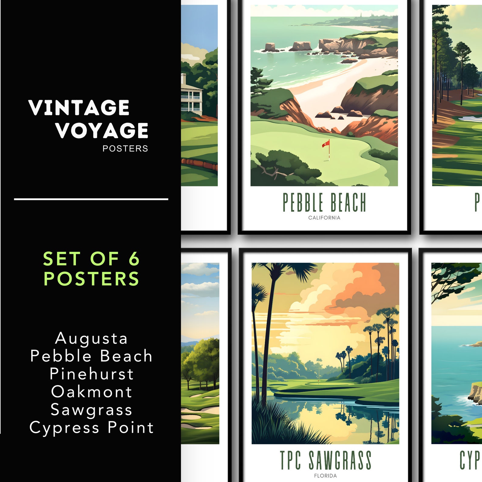 Golf Prints Set, Augusta, Pebble Beach, Pinehurst, Golf Course Posters ...