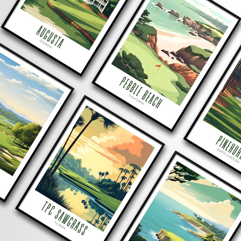 Golf Prints Set, Augusta, Pebble Beach, Pinehurst, Golf Course Posters ...