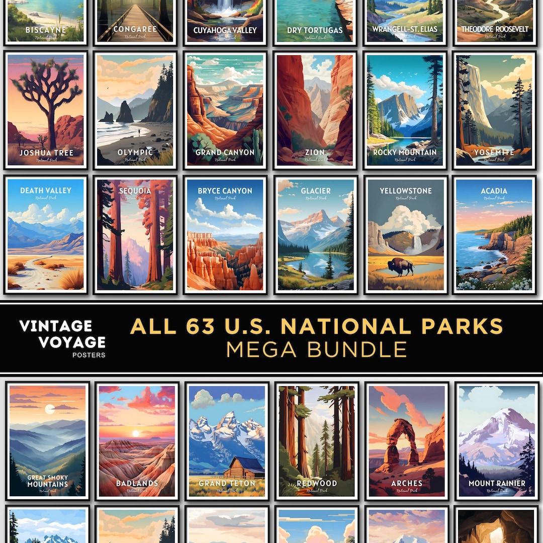 Set of All 63 U.S. National Park Posters, National Park Wall Art Set ...