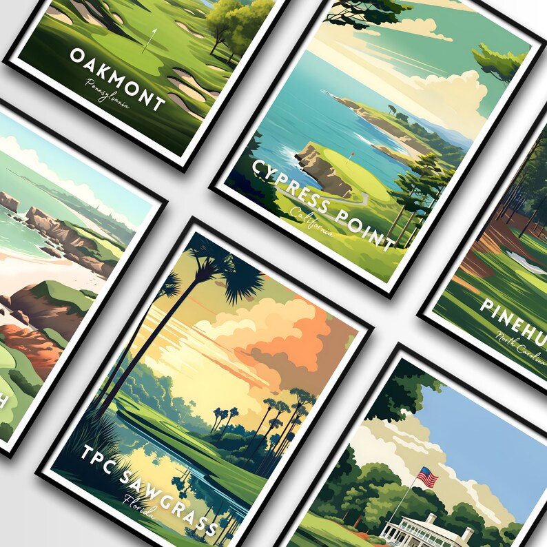 Golf Prints Set, Augusta, Pebble Beach, Pinehurst, Golf Course Posters ...
