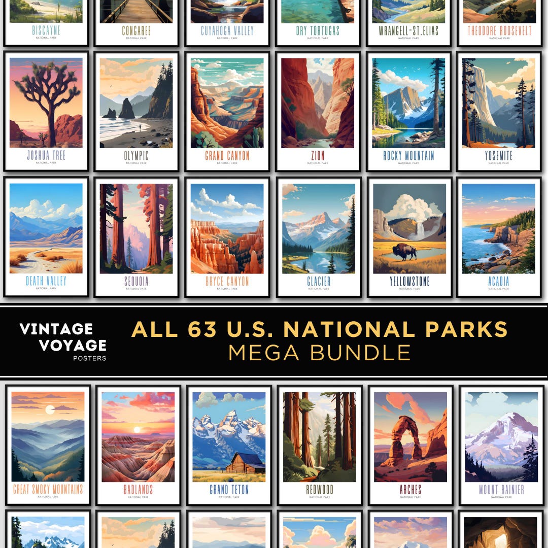 Set of All 63 U.S. National Park Posters, National Park Wall Art Set ...