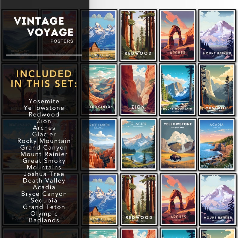 Set of 18 National Park Posters, National Park Wall Art Set, USA ...