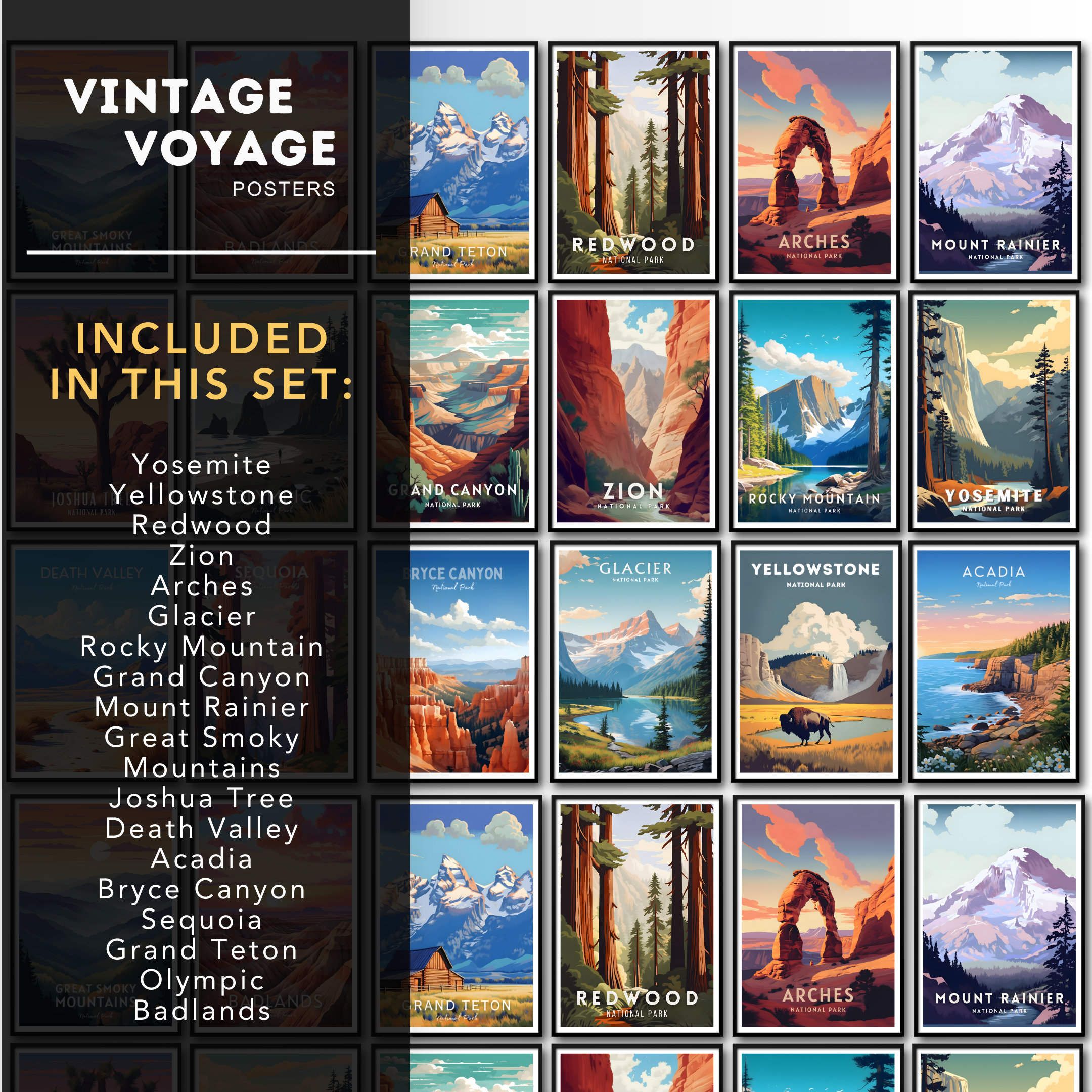 Set of 18 National Park Posters, National Park Wall Art Set, USA ...