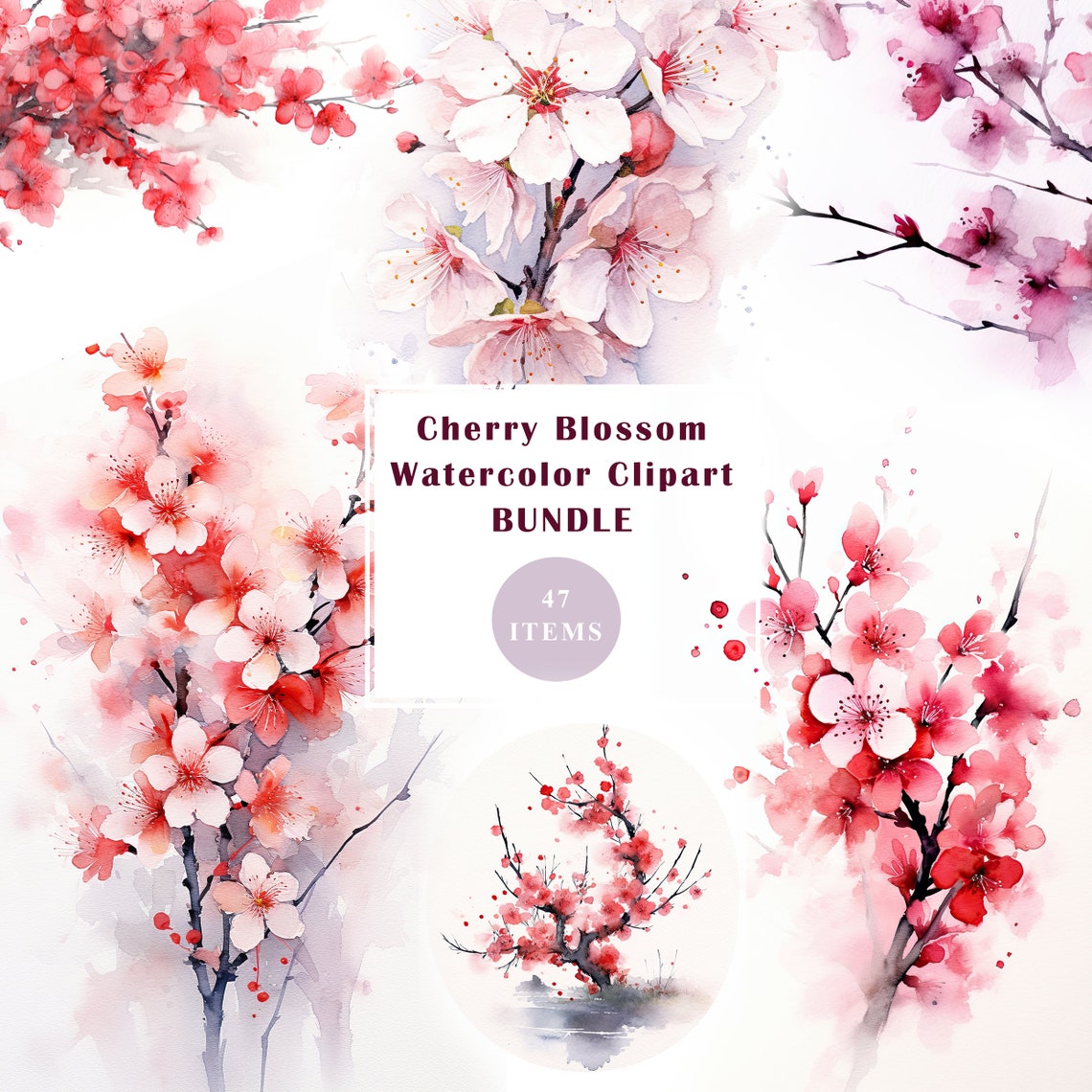 Botanical Watercolor Clipart Bundle, Cherry Blossom, Floral Wedding ...