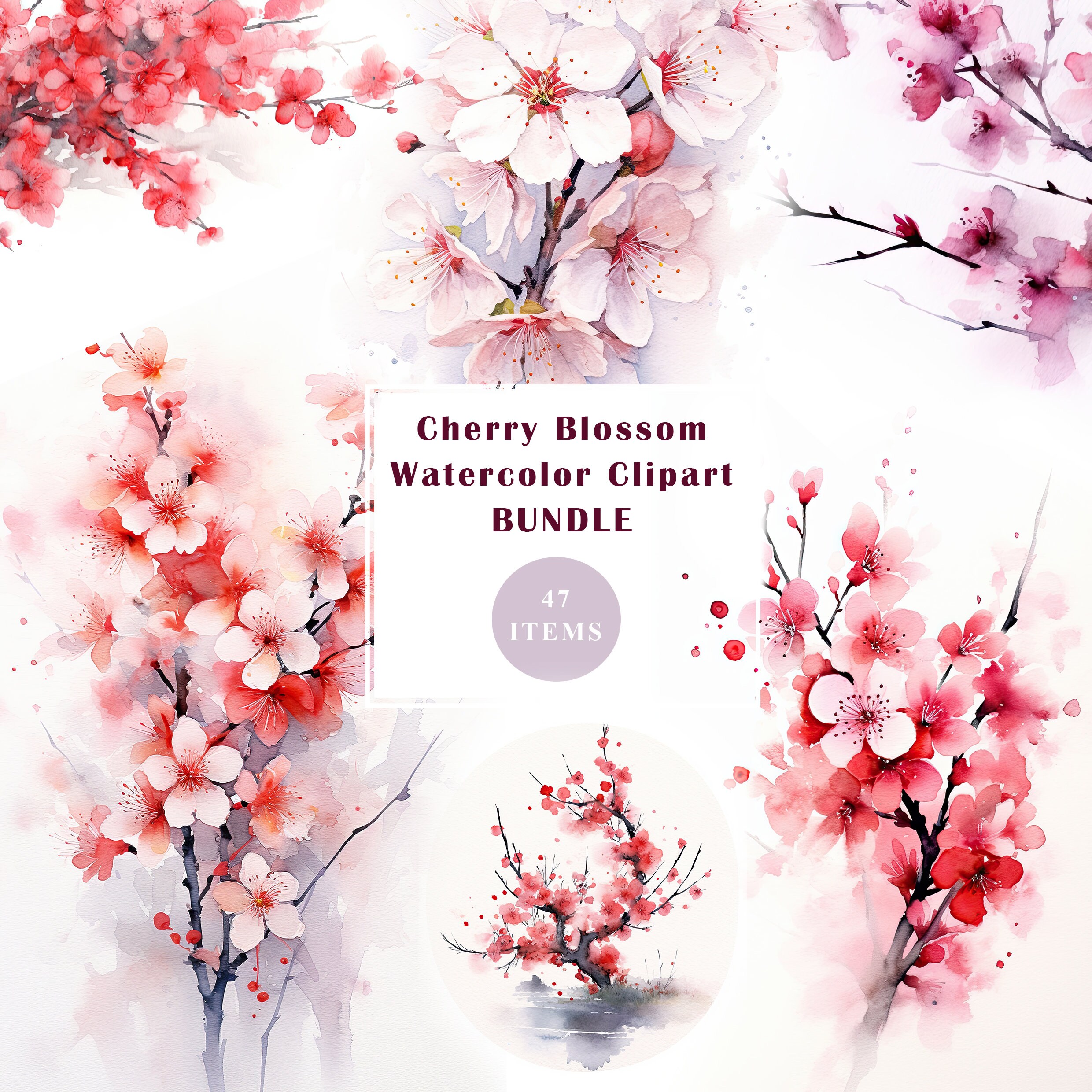 Botanical Watercolor Clipart Bundle, Cherry Blossom, Floral Wedding ...