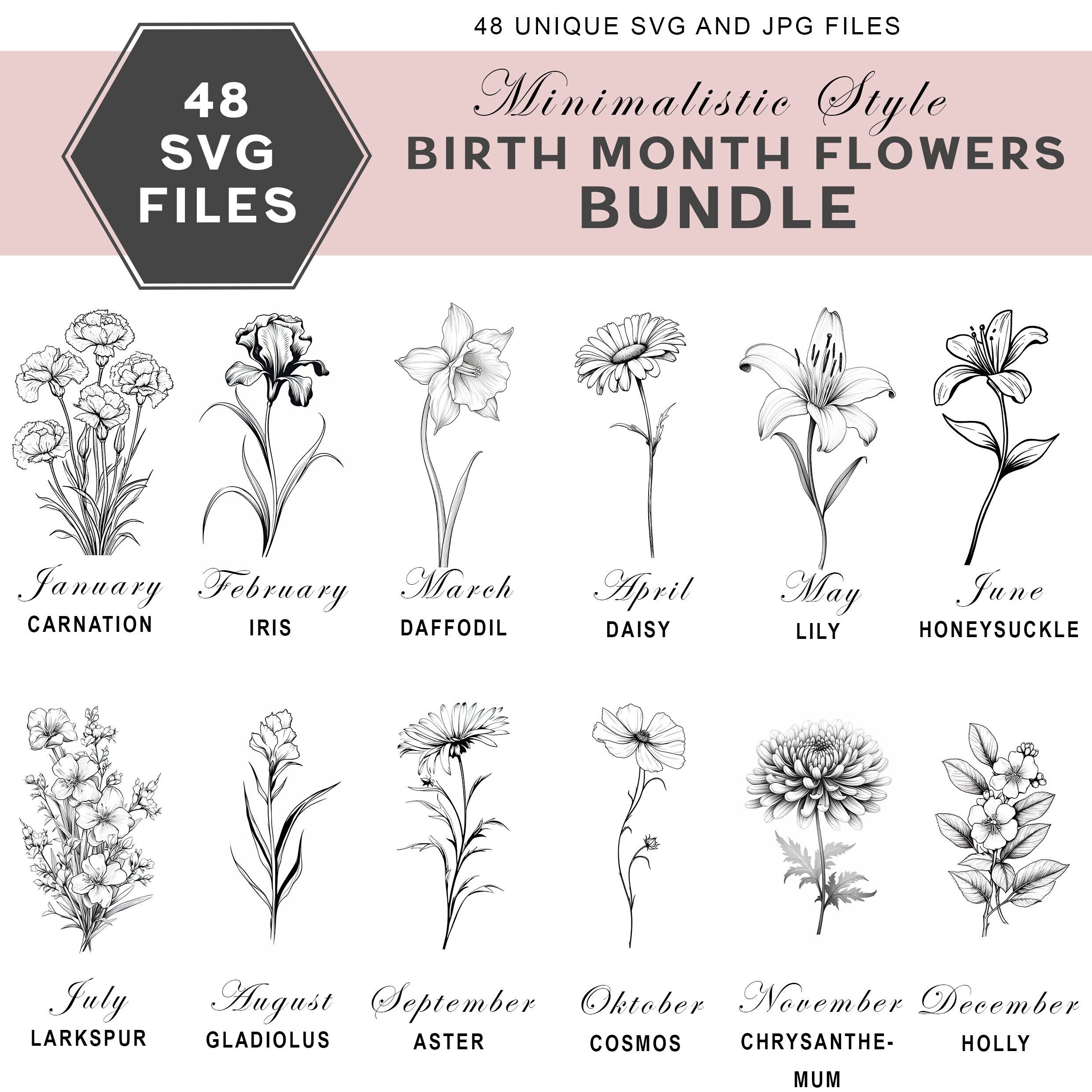 Birth Month Flowers SVG Bundle, 48 Designs, DIY Birth Month Flower ...