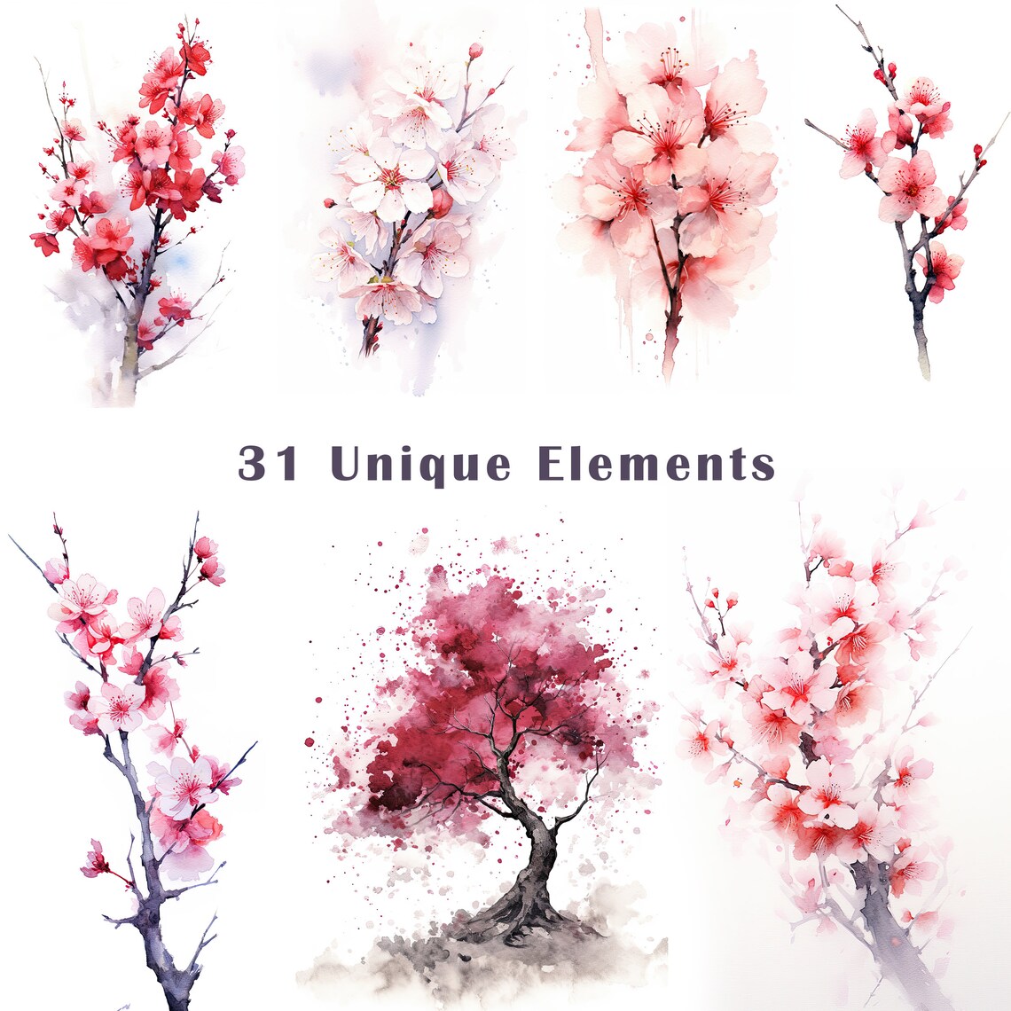 Botanical Watercolor Clipart Bundle, Cherry Blossom, Floral Wedding ...