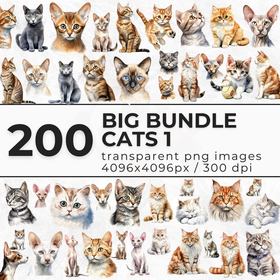 Watercolor Cats Big Bundle 1 Clipart - Cute Bundle of Unique ...