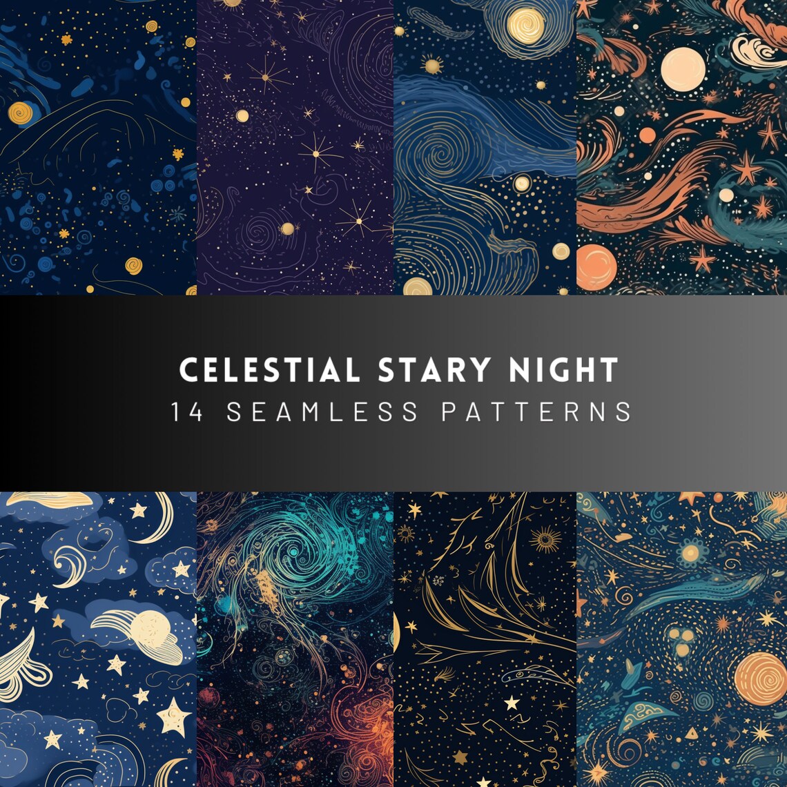 Celestial Starry Night Digital Paper Seamless Dark Blue, Purple, Black ...