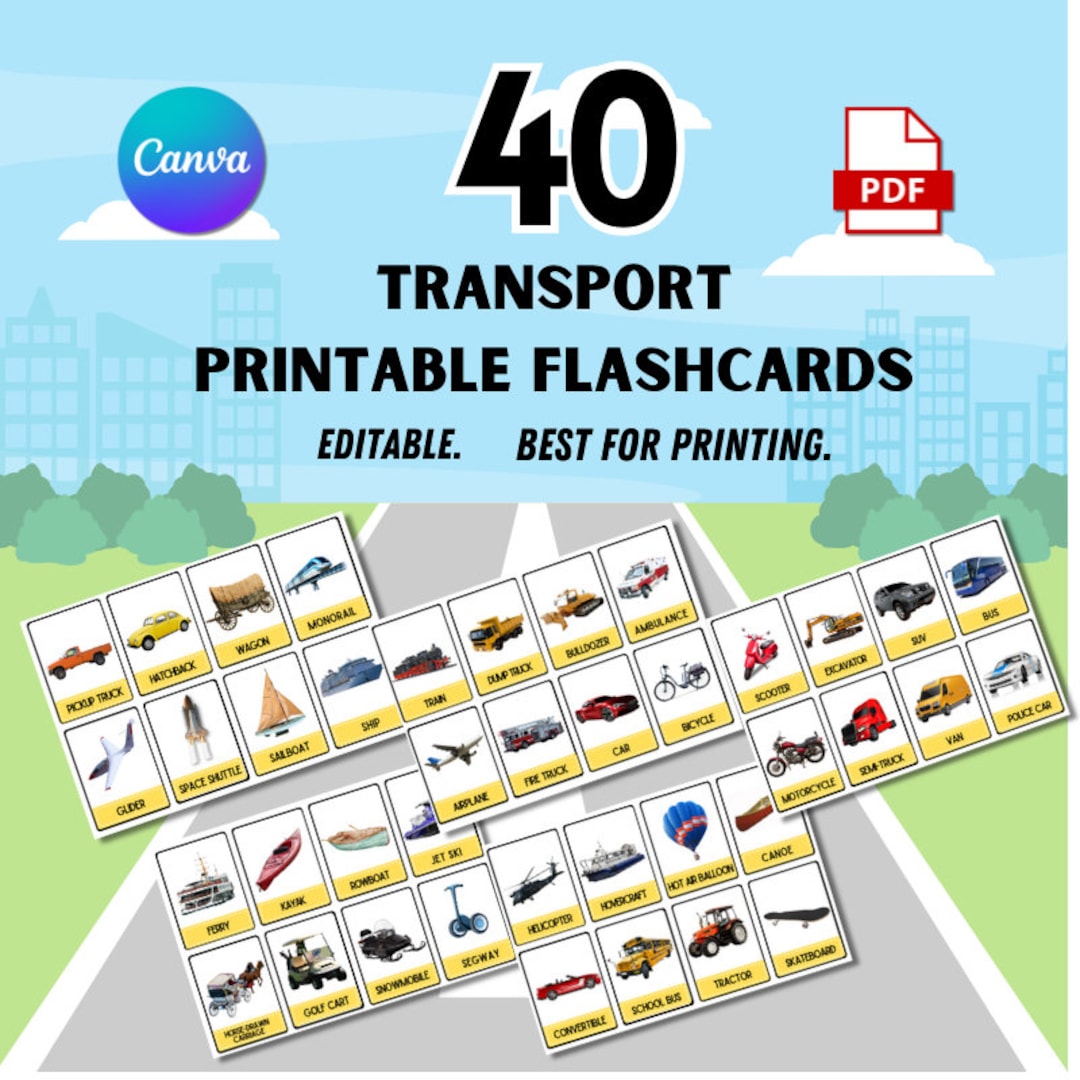 40 Transport Vehicles Montessori Flashcards, Vehicles Flash Cards, PDF ...