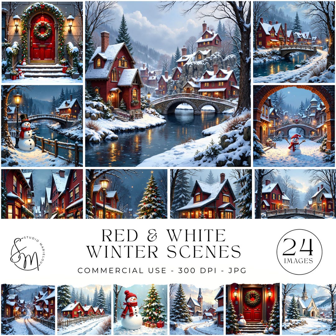 Christmas Village Clipart | Red & White Winter Scenes (24 JPG Images ...