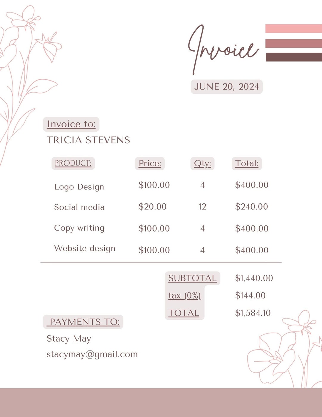 Invoice Template, Editable & Printable, Receipt Template, Esthetician ...