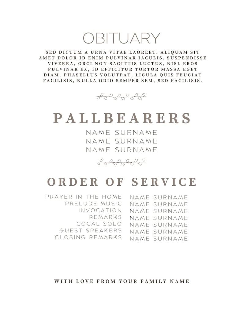 Obituary Template, Minimalist Funeral Program Template Simple Funeral ...