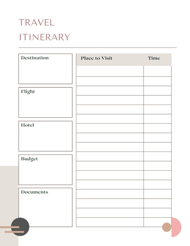 Simple Itinerary Template, Downloadable, Printable, Editable - Etsy