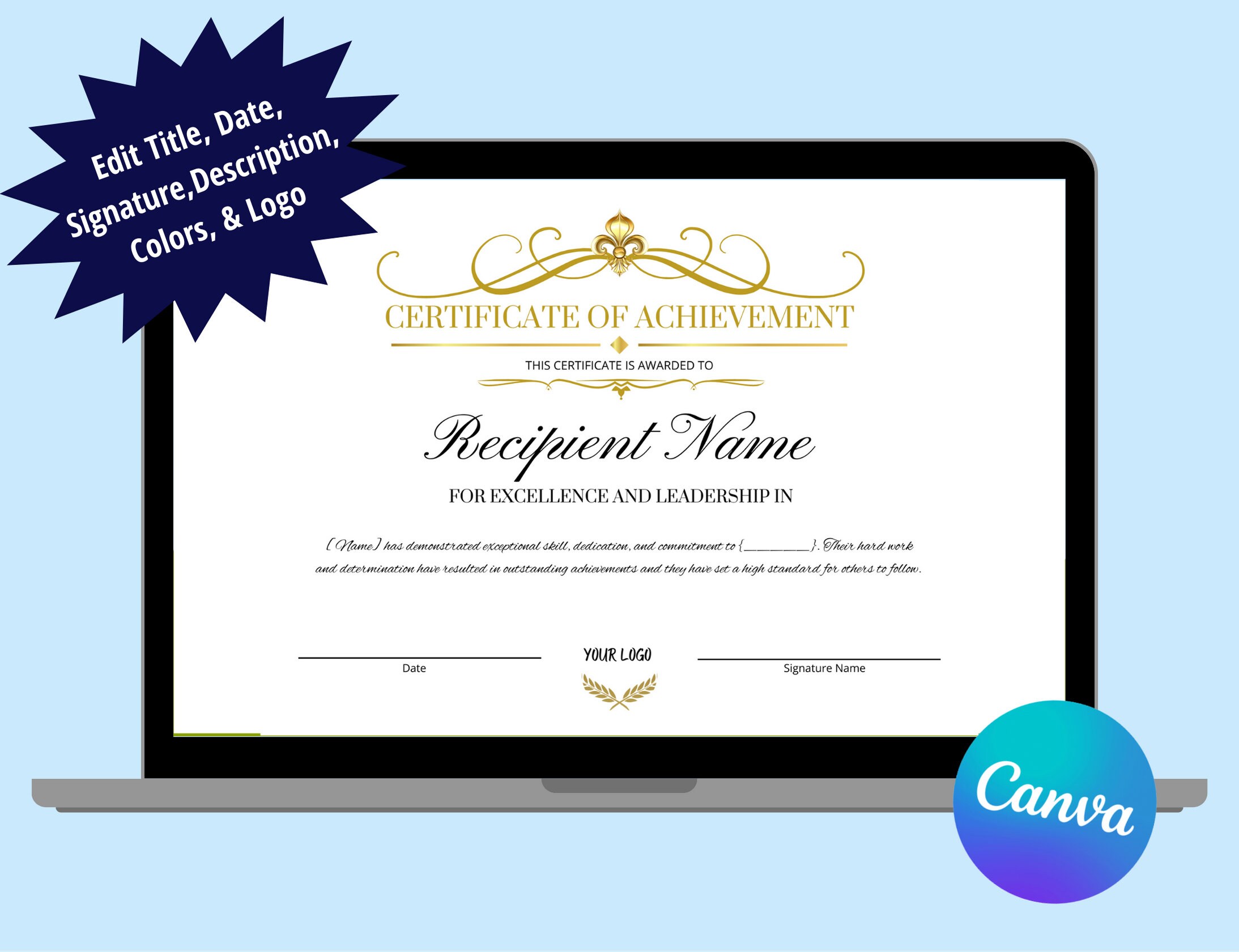 Certificado de logros Plantilla Canva editable Certificado por - Etsy ...