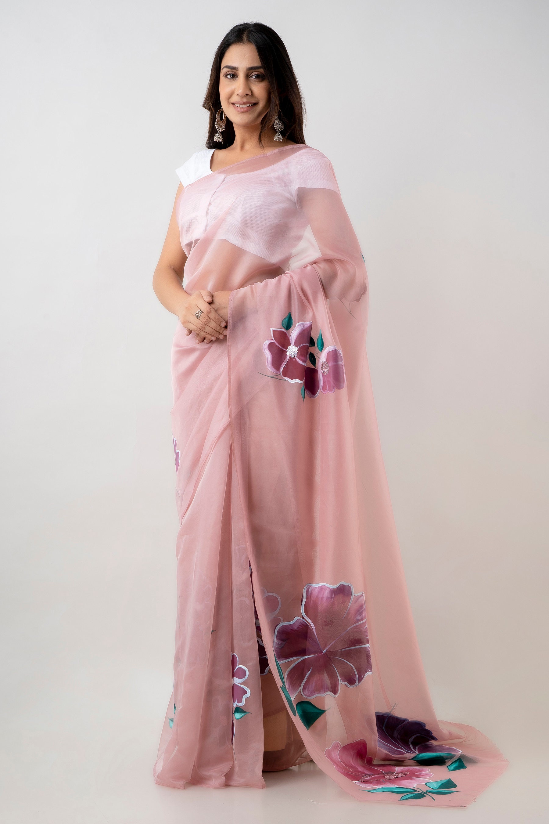 Hand Painted Pink Organza Saree , Indian Saree for Girls & Women ...