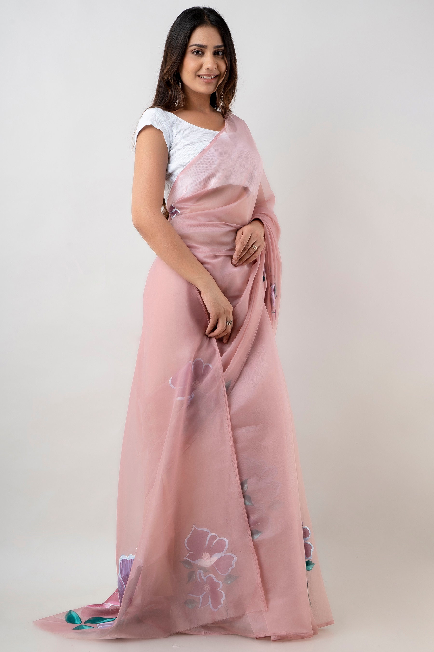 Hand Painted Pink Organza Saree , Indian Saree for Girls & Women ...