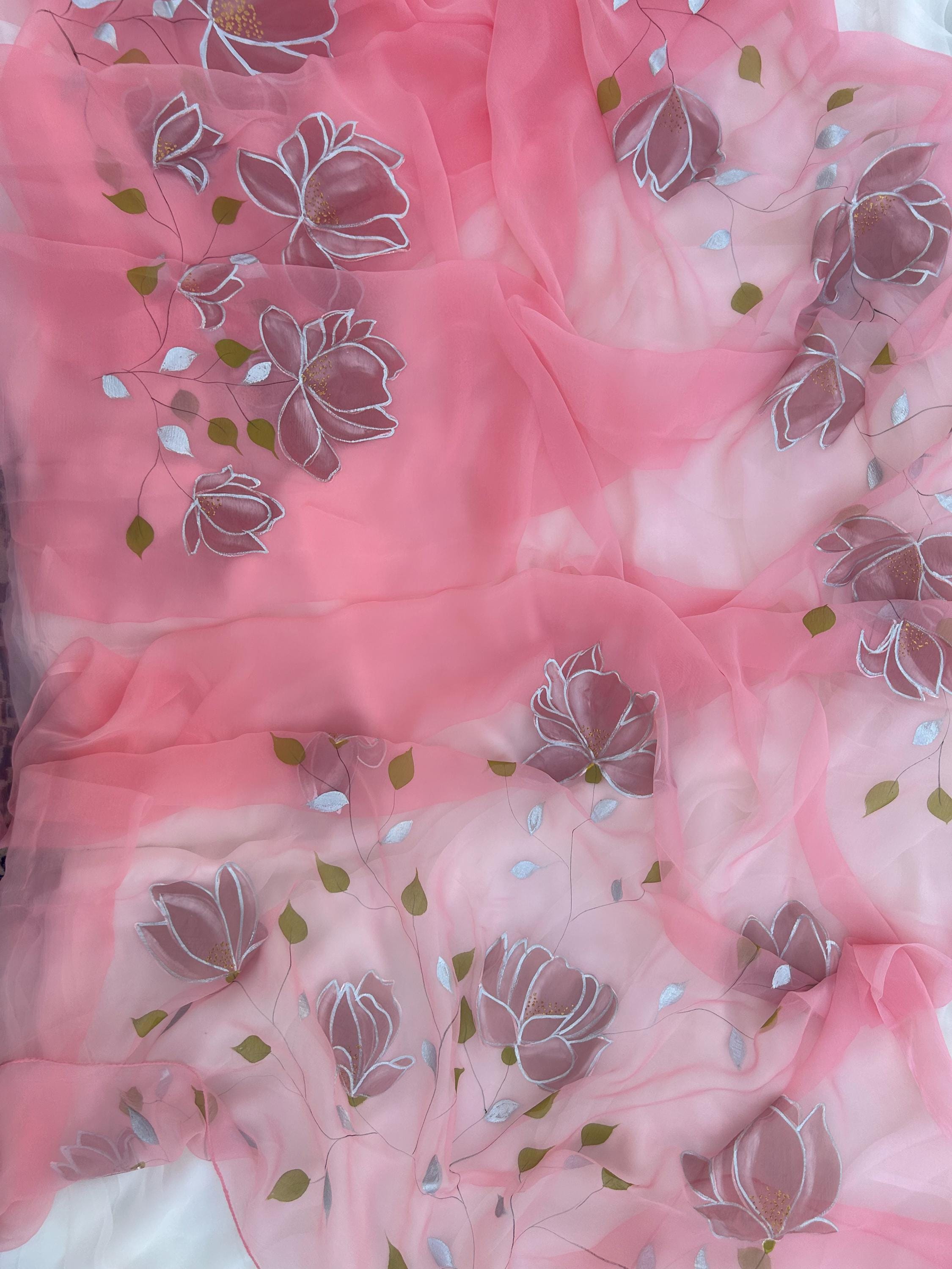 Hand-painted Rose Gold Chiffon Saree: Indian Wedding Party Wear - Etsy