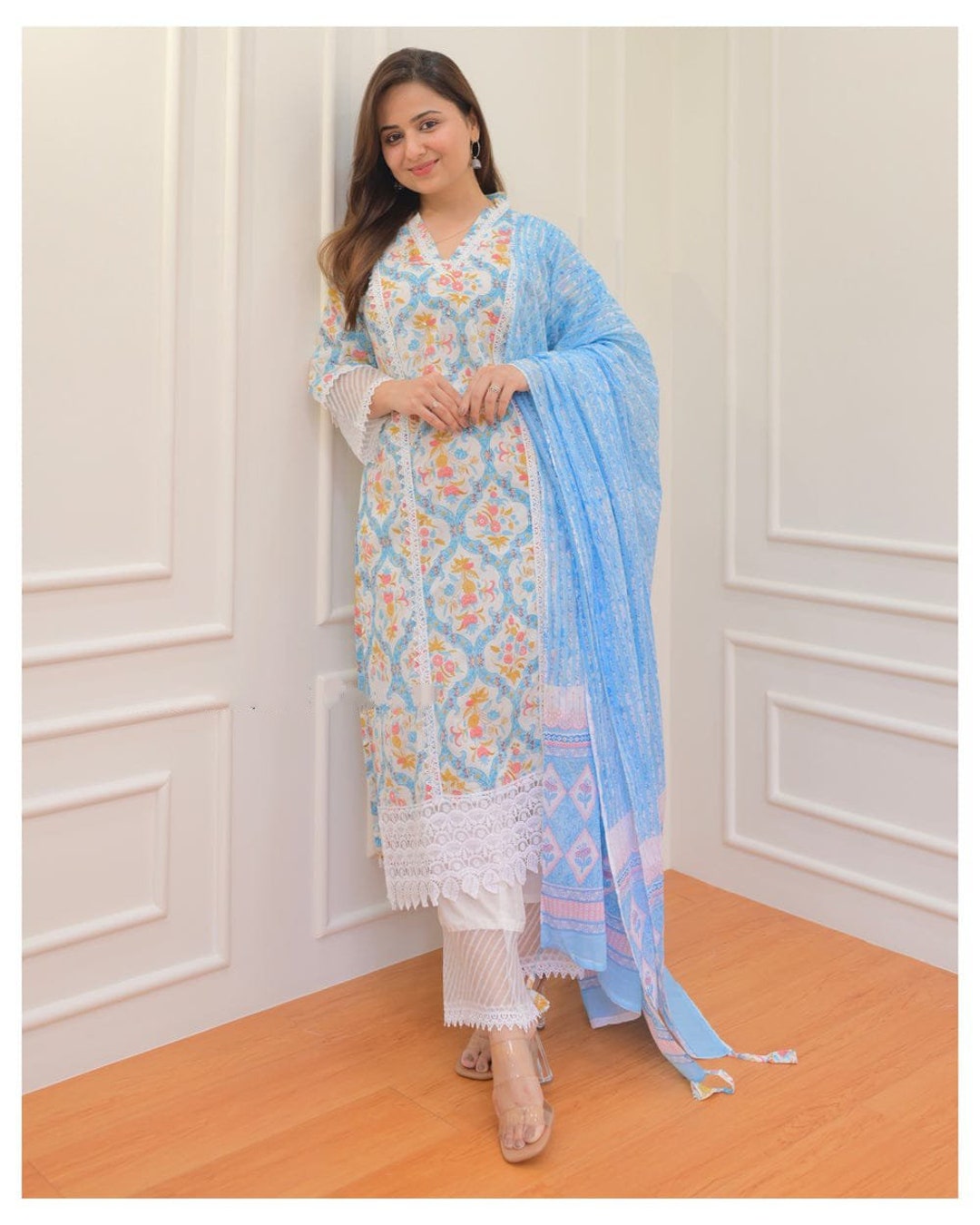 Designer Pakistani 3 Piece Set Dress, Cotton Printed Straight Kurti ...