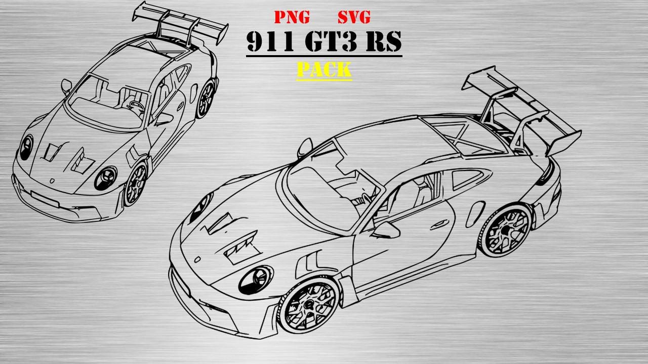 911 GT3 Pack SVG & PNG Formats Digital Vehicle Drawings. Ten 10 Line ...