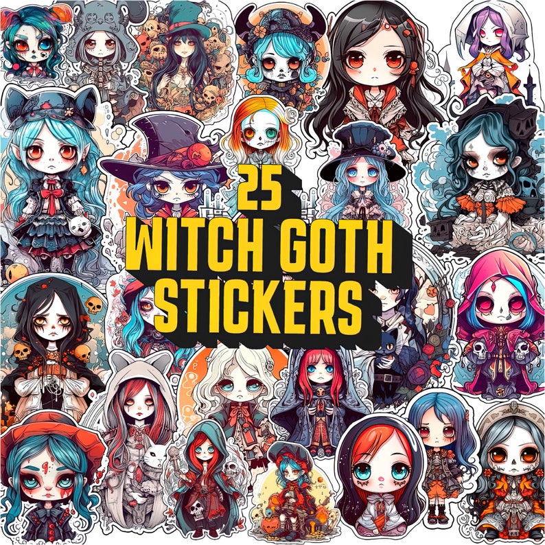 Cute Goth Witch Sticker PNG Bundle Pack, Goth Stickers, Goth Pastel ...