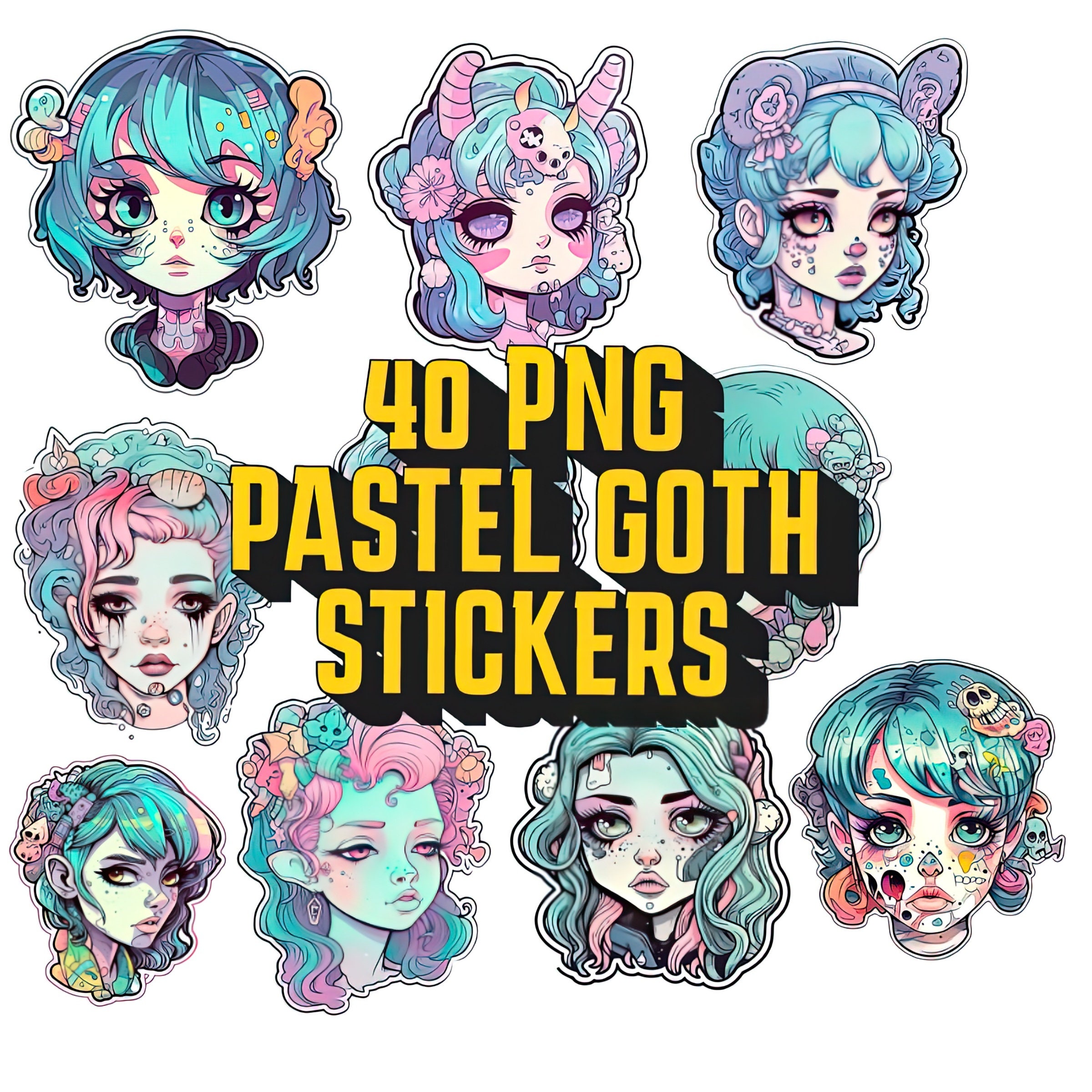 Cute Pastel Goth Stickers 40 PNG Bundle Pack, Goth Pastel Digital Clip ...