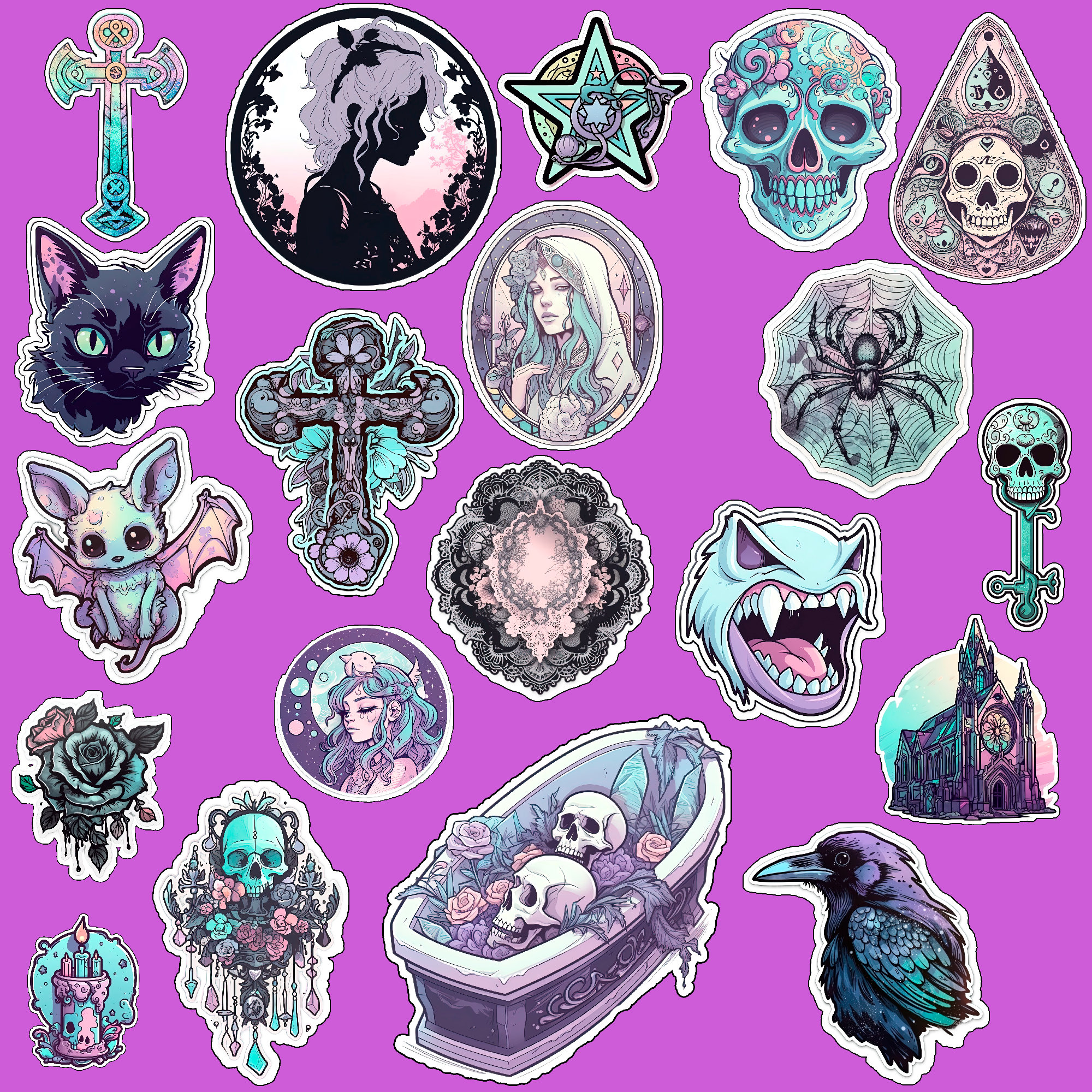 Creepy Stickers Pack 20 PNG, Pastel Goth Clipart Printable Bundle, Goth ...