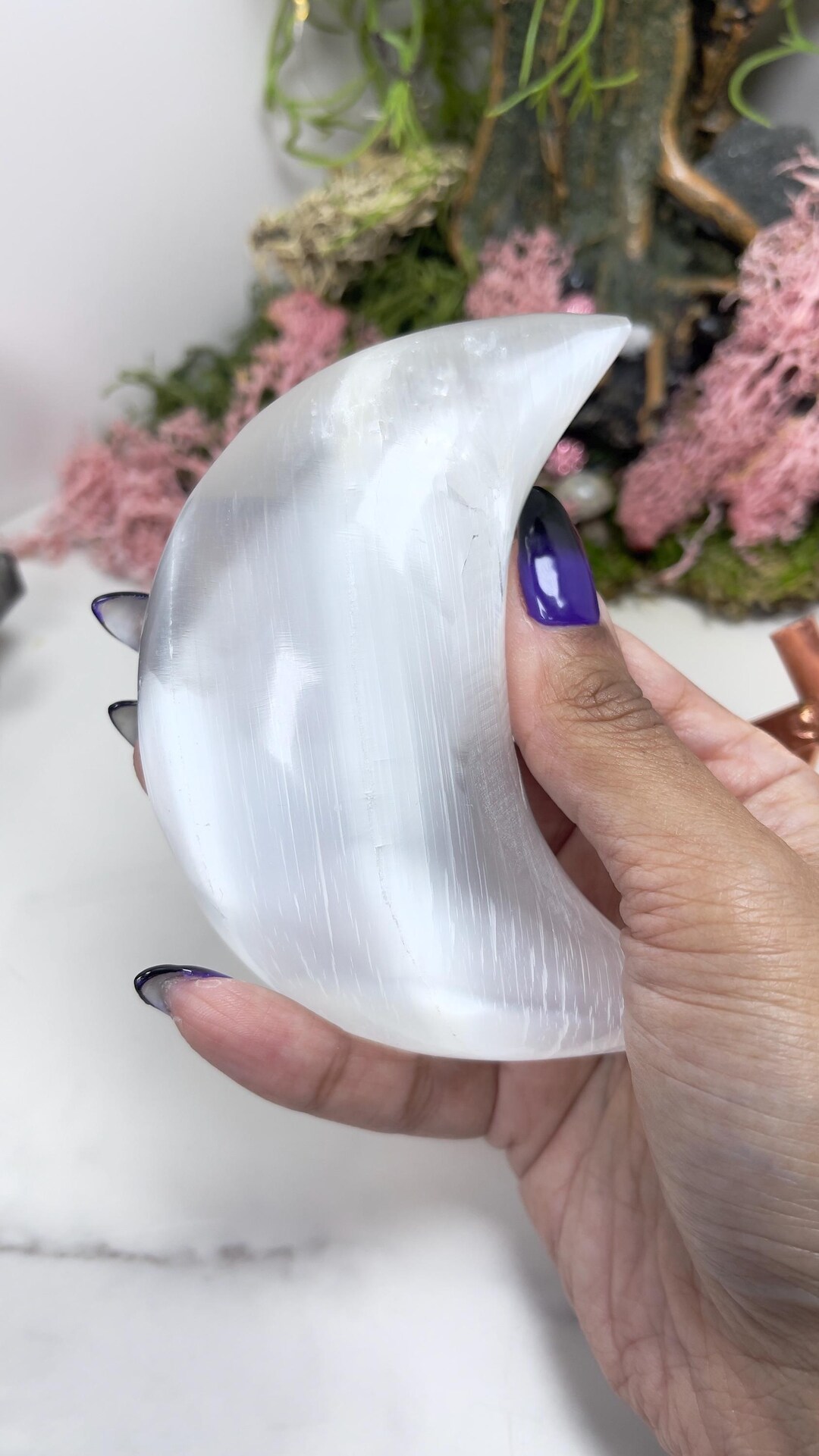 Selenite Moon Carving: 3D Puffy Satin Spar Crystal, Cleansing Reiki ...