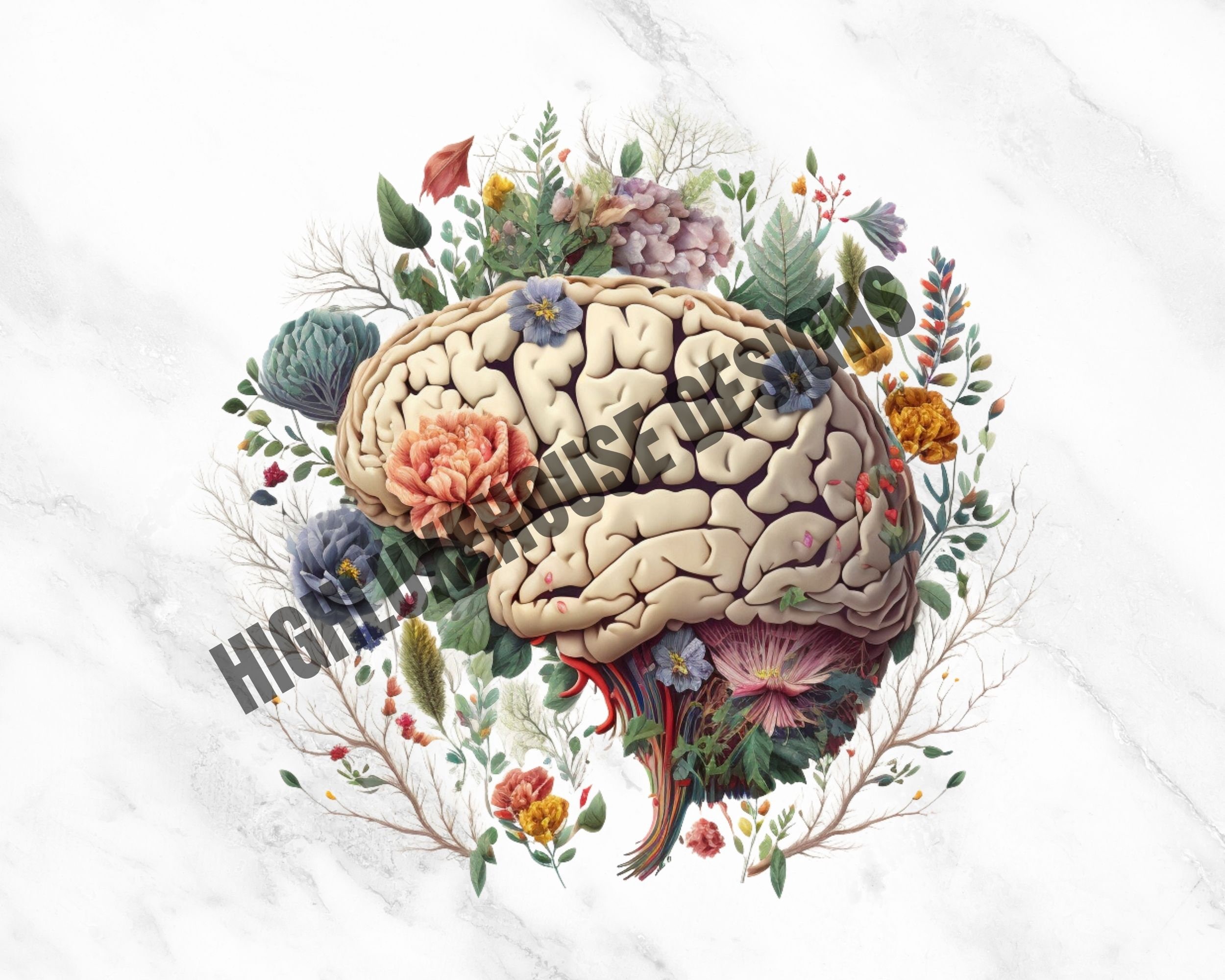 Printable Floral Brain, Brain Art Print, Flower Brain Art Print, Mental ...