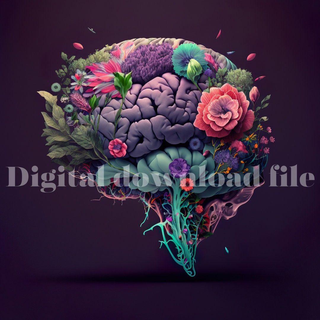 Printable Floral Brain, Brain Art Print, Flower Brain Art Print, Mental ...