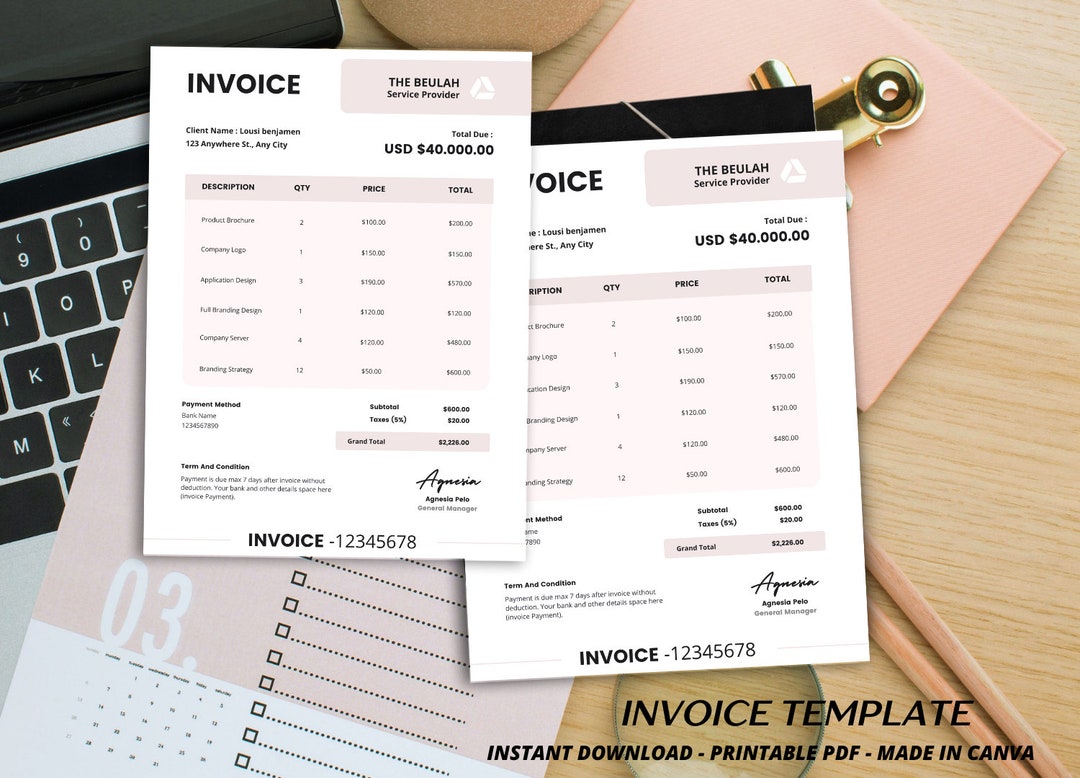 Pink and White Aesthetic Corporate Invoice Template.pdf, Editable ...