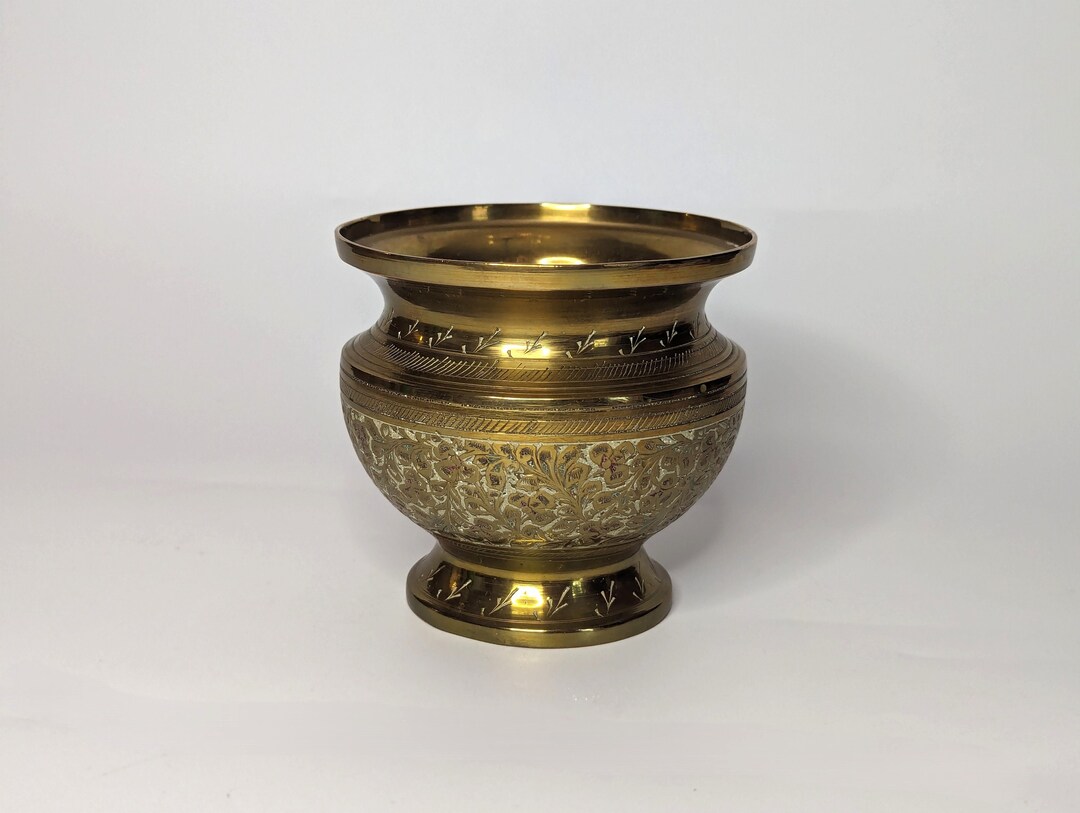 Small Indian Brass Pot With Floral Etched Filigree - Etsy