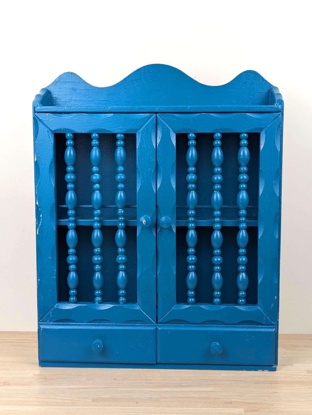 Vintage Painted Wood Wall Mounted Spice Rack With Doors and 2 Drawers ...