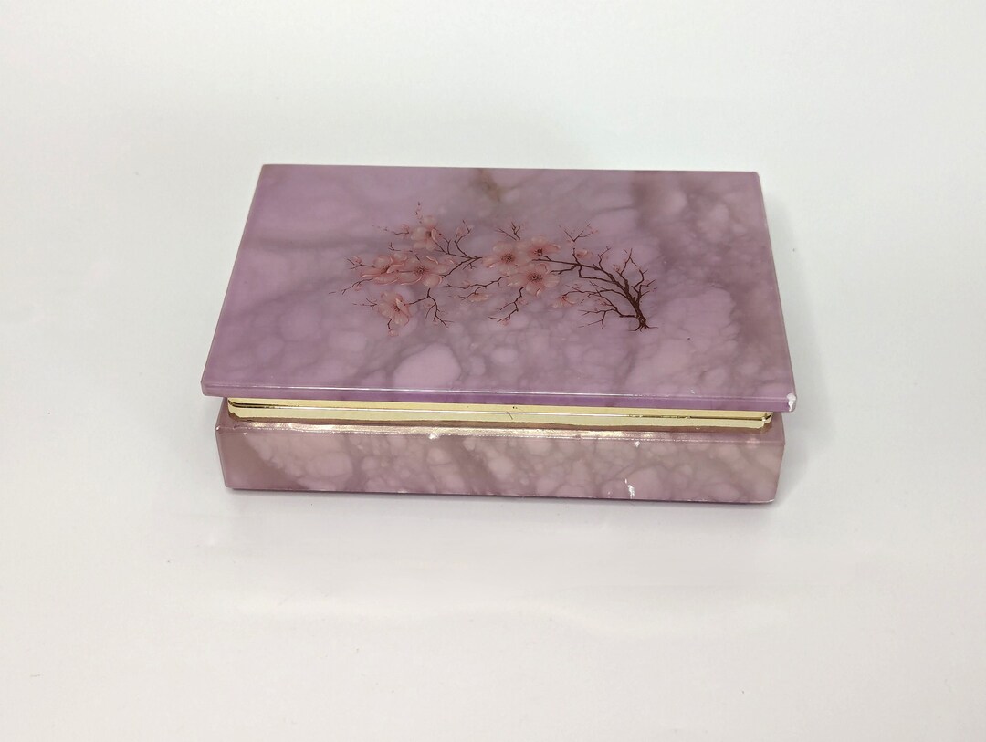 Pink Purple Genuine Alabaster Jewelry Trinket Box Hand Carved Made in ...