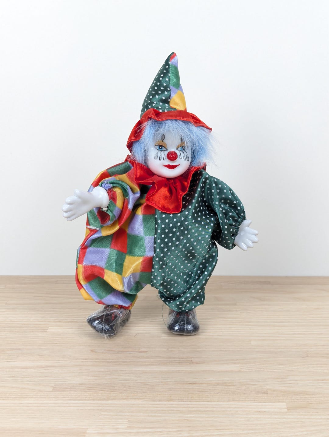 Vintage Porcelain Checkered Polka Dot Green and Red Clown With Poseable ...