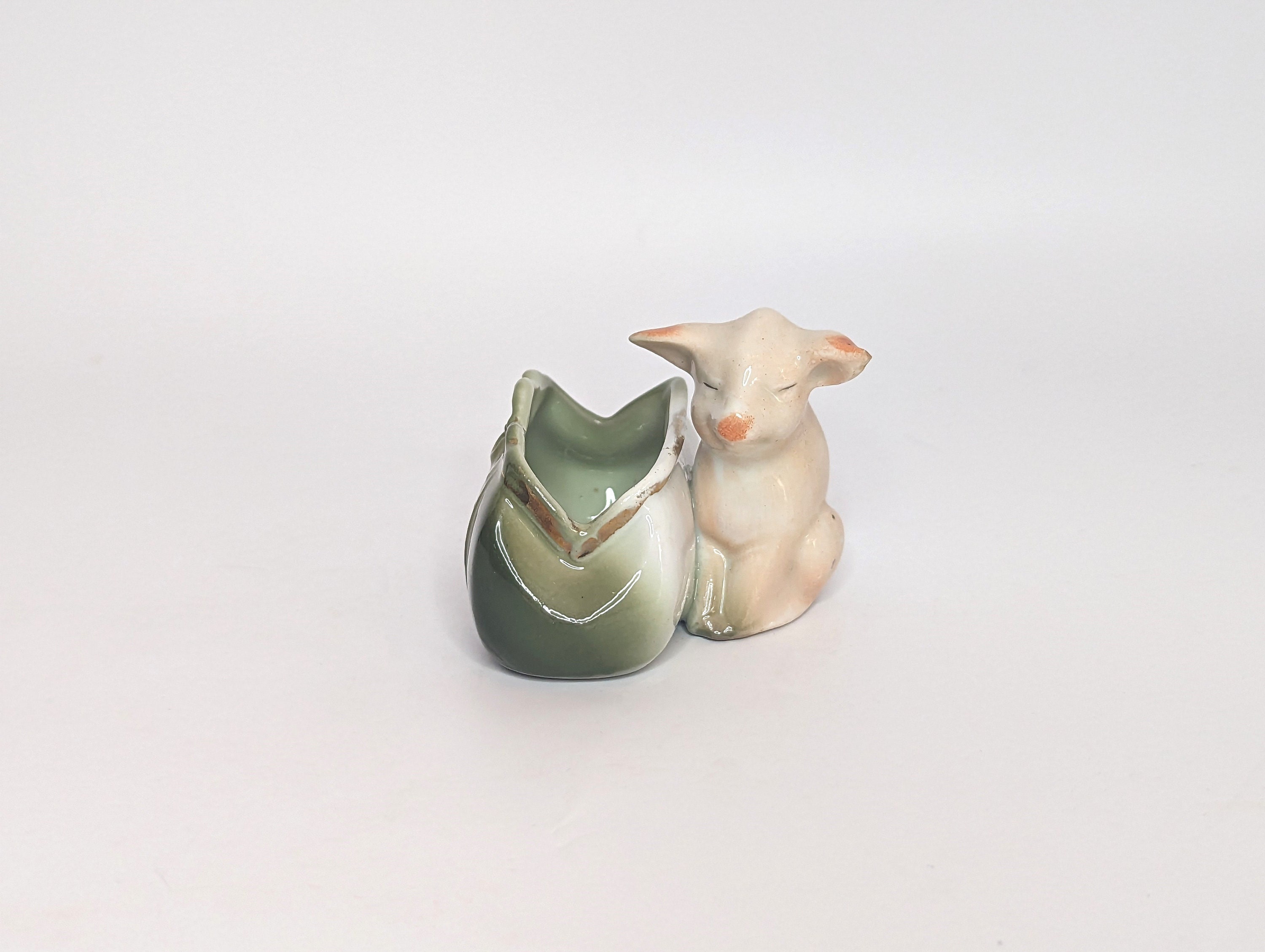 Antique Porcleain German Fairing Pink Pig Sitting by Purse Toothpick or ...