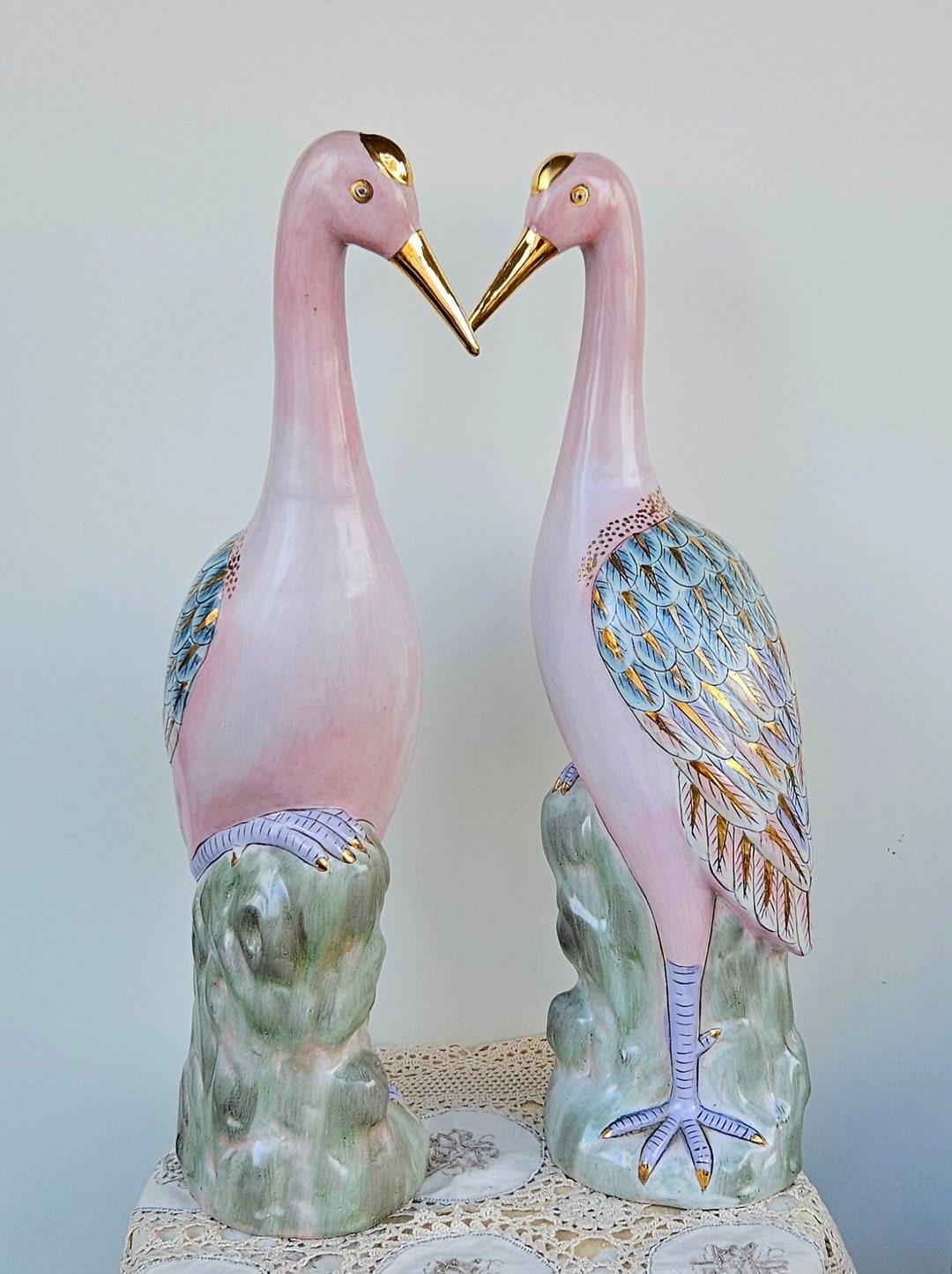 Rare Chinese Export Porcelain Crane Figurines, Famille Rose, 16.5" Pair ...