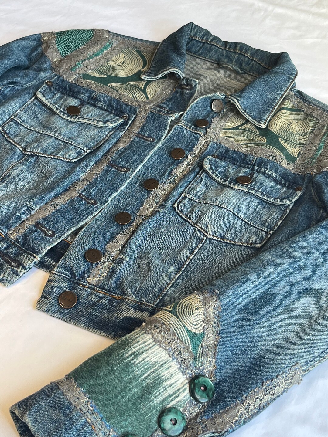 Custom Denim Jacket Reworked With Appliqué Lace and Fine Fabrics - Etsy
