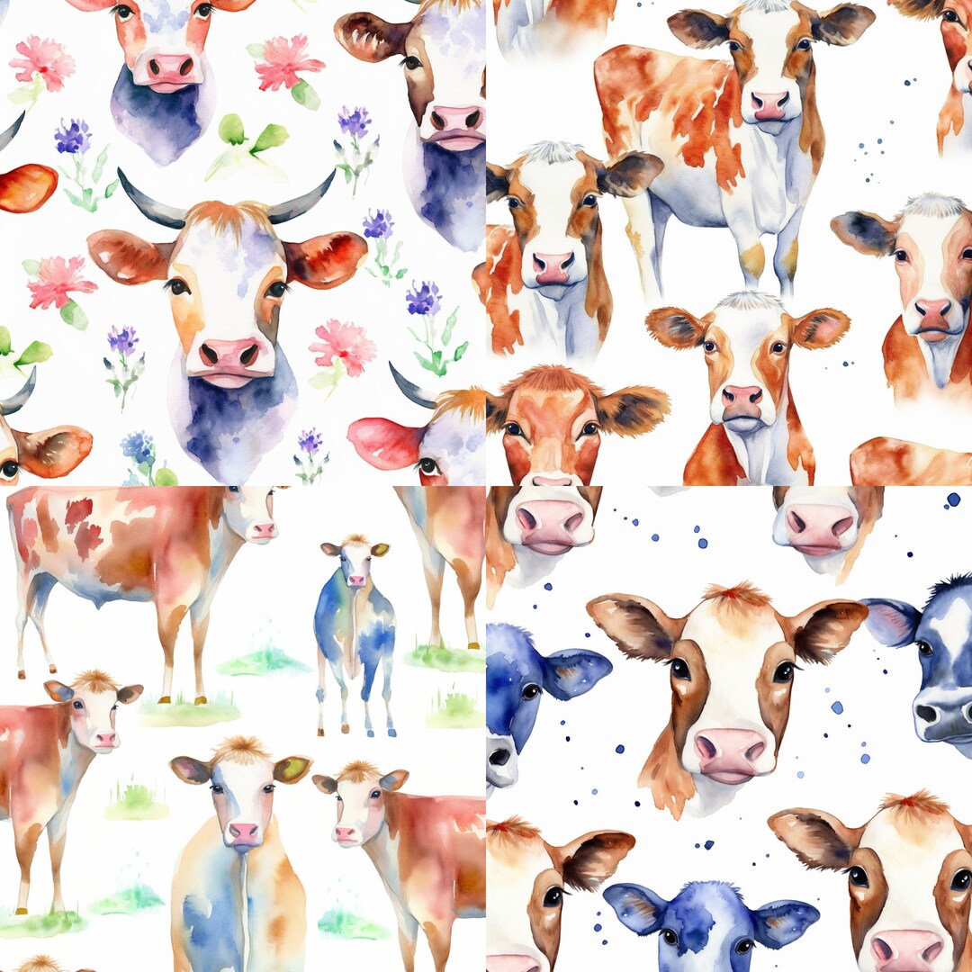Watercolor Cow Pattern, Clipart, Wall Art Decoration, Animal, Printable Digital Download, Set of ...