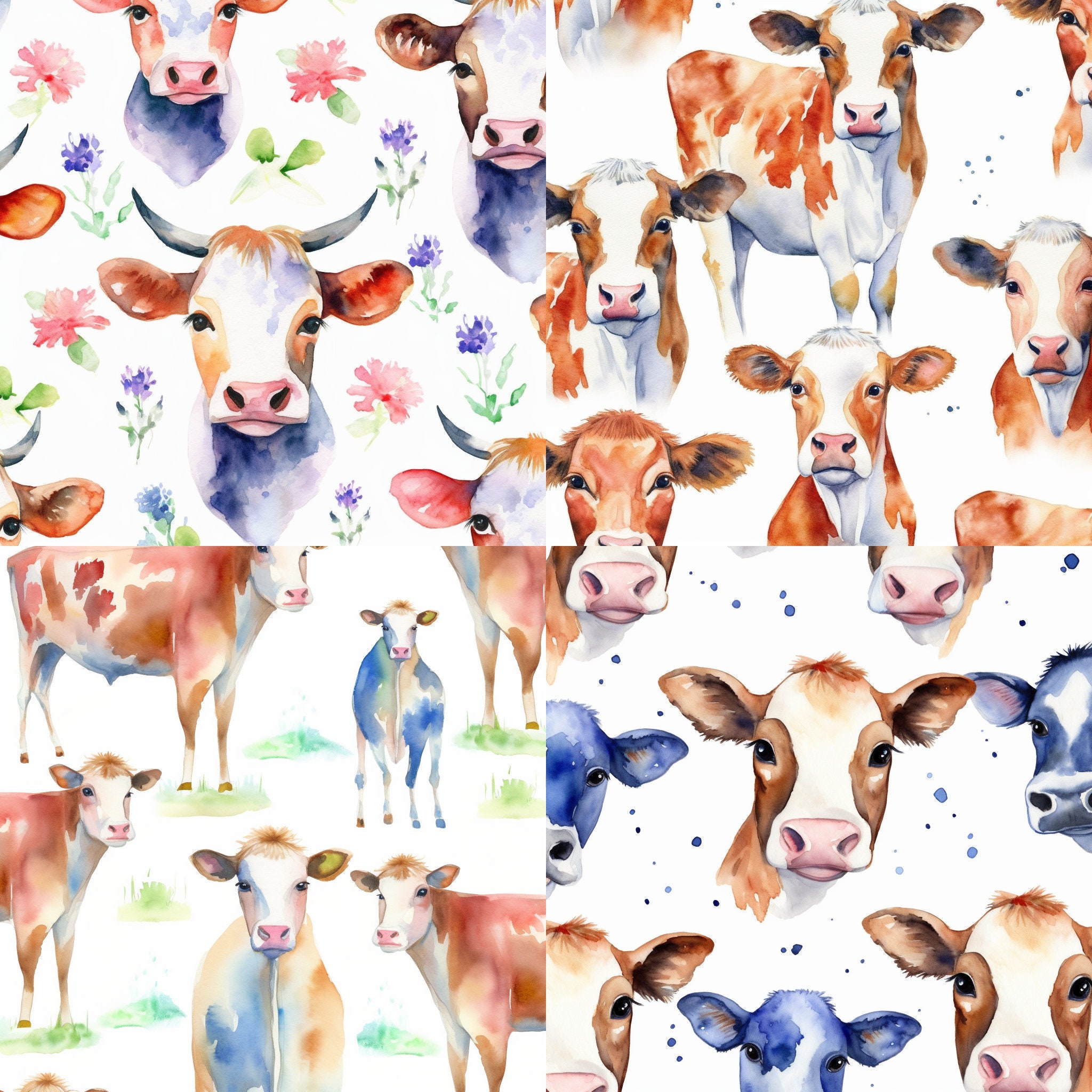 Watercolor Cow Pattern, Clipart, Wall Art Decoration, Animal, Printable ...