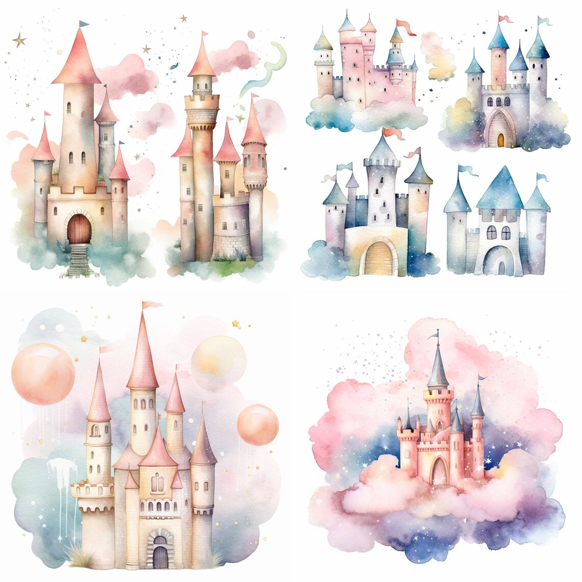 Watercolor Fairytale Castle, Clipart, Card Making, Nature, Wall Art ...