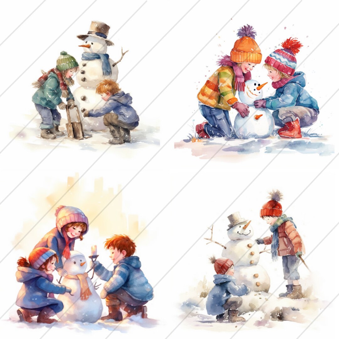 Watercolor Art of Kids Building A Snowman, Clipart, Card Making ...
