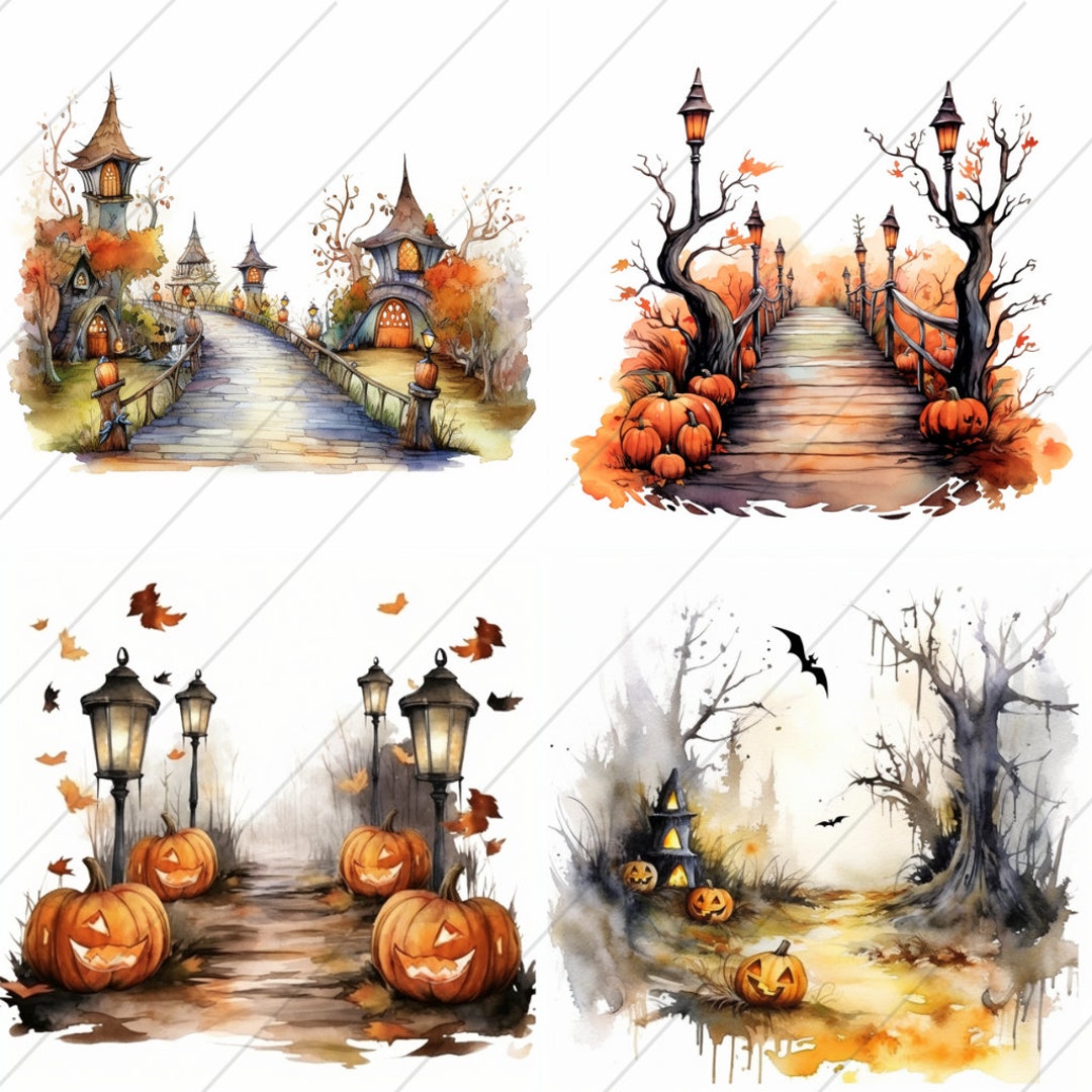 Creepy Watercolor Halloween Pathways, Clipart, Card Making, Wall Art ...