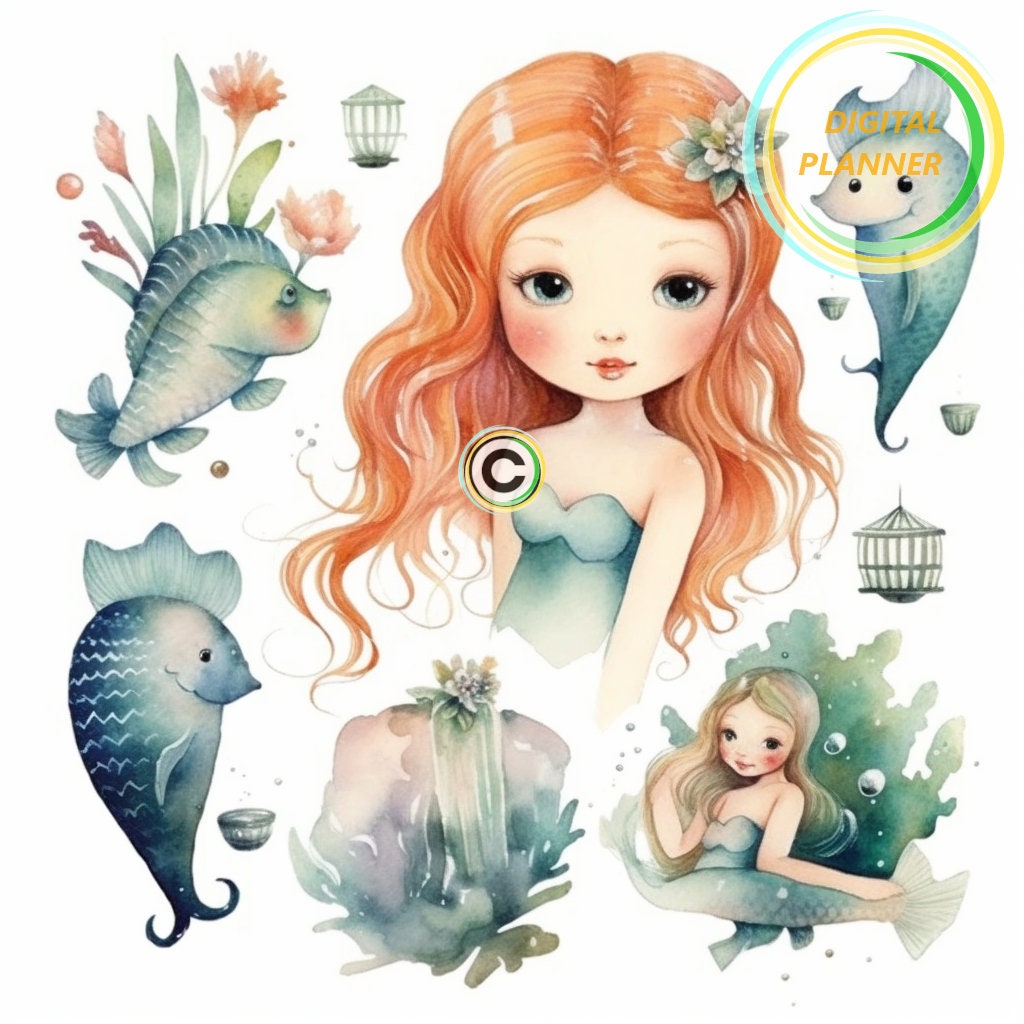 Watercolor Magical Mermaids, Clipart, Card Making, Nature, Wall Art ...