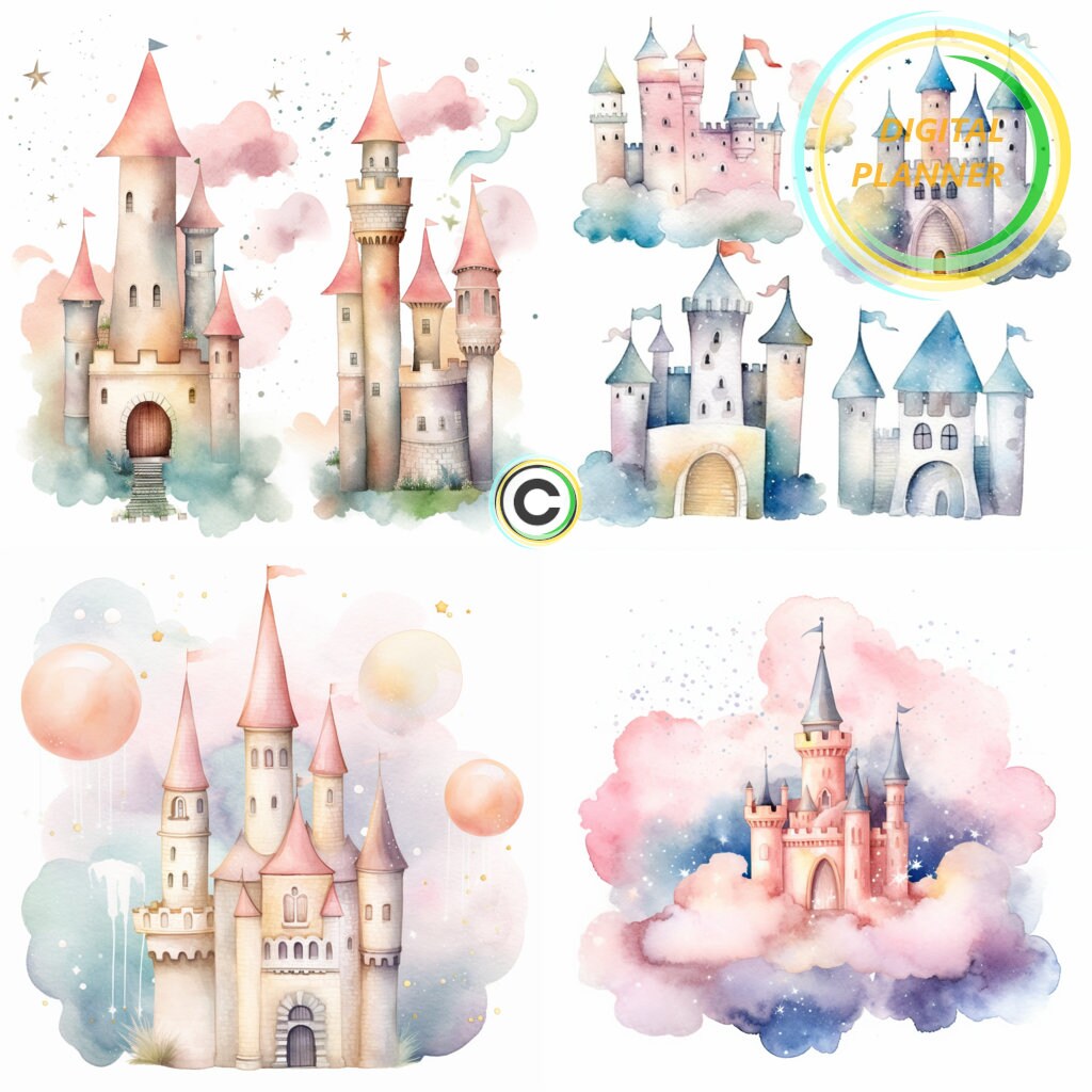 Watercolor Fairytale Castle, Clipart, Card Making, Nature, Wall Art ...