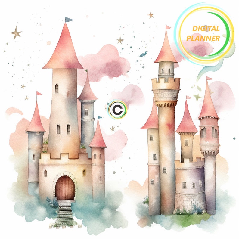 Watercolor Fairytale Castle, Clipart, Card Making, Nature, Wall Art ...