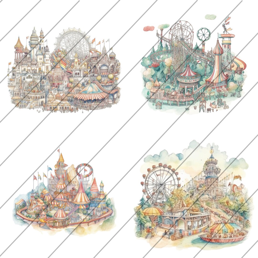 Watercolor Amusement Park Scenery, Clipart, Card Making, Wall Art ...