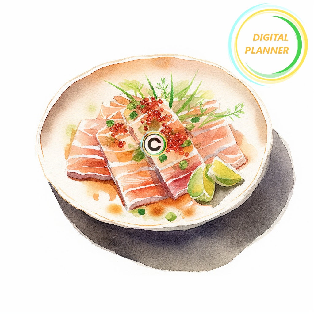 Watercolor Sashimi Plate Clipart Culinary Card Making Wall - Etsy